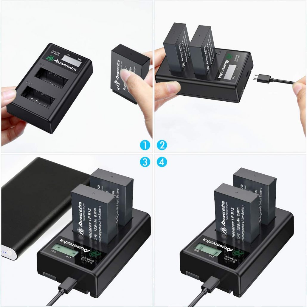 Powerextra 2 Pack Replacment Canon LP-E12 Battery and Smart LCD Display Dual USB Charger for ...